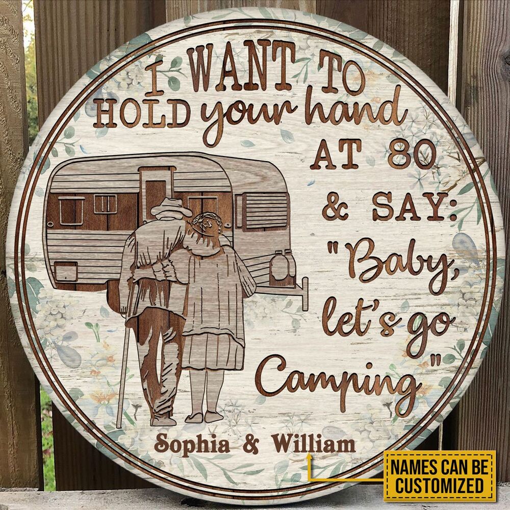Personalized Camping Floral Hold Your Hand Customized Wood Circle Sign ...