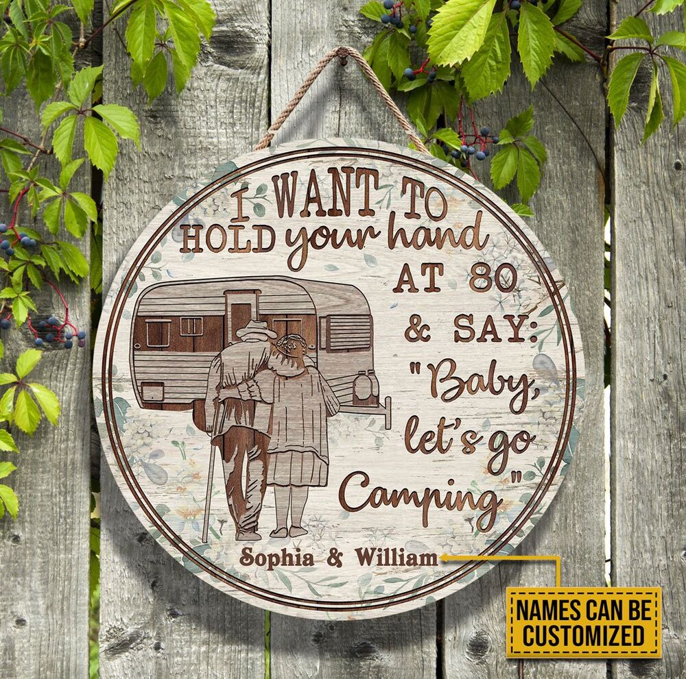 Personalized Camping Floral Hold Your Hand Customized Wood Circle Sign ...
