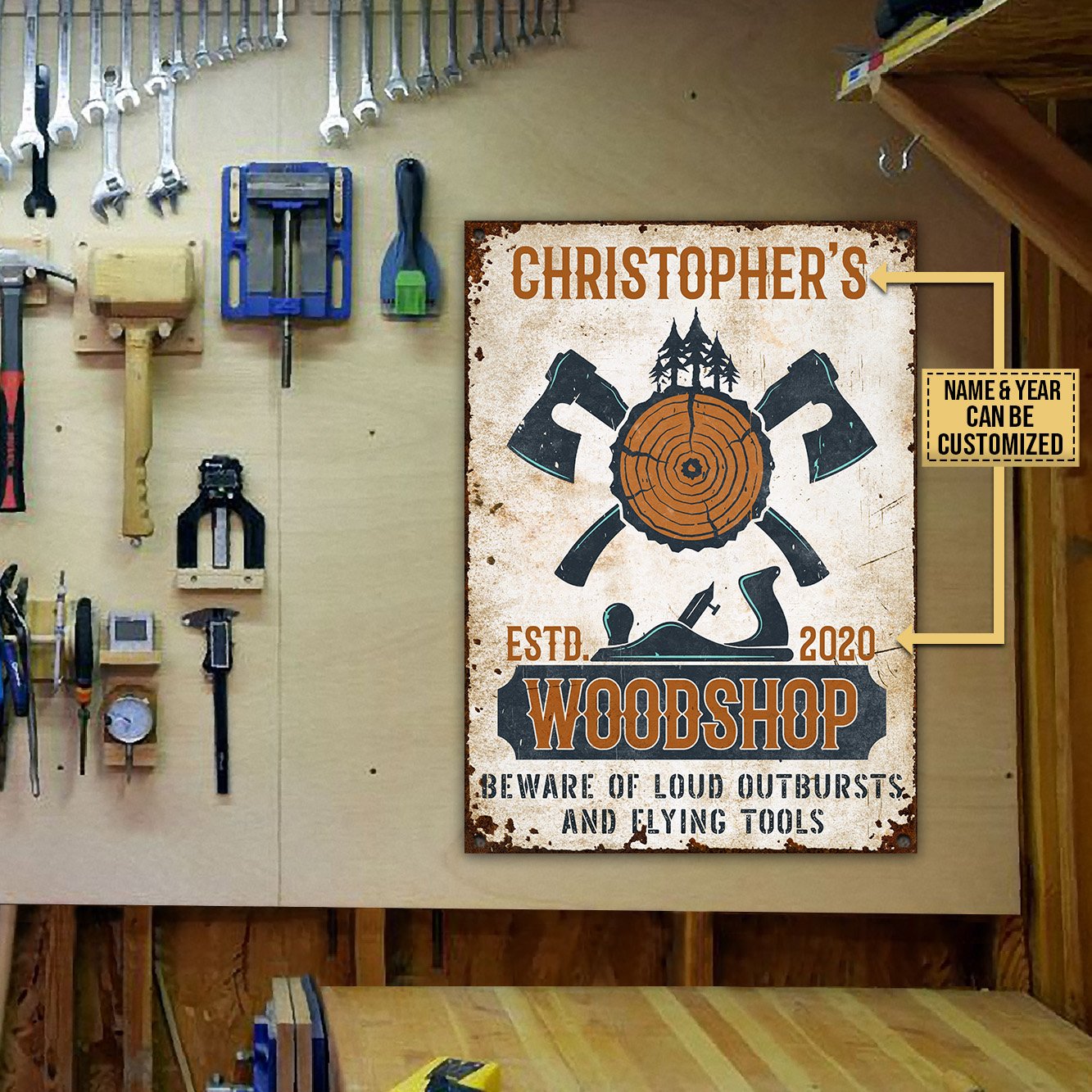 Personalized Carpenter Woodshop Beware Of Loud Customized Classic Metal ...