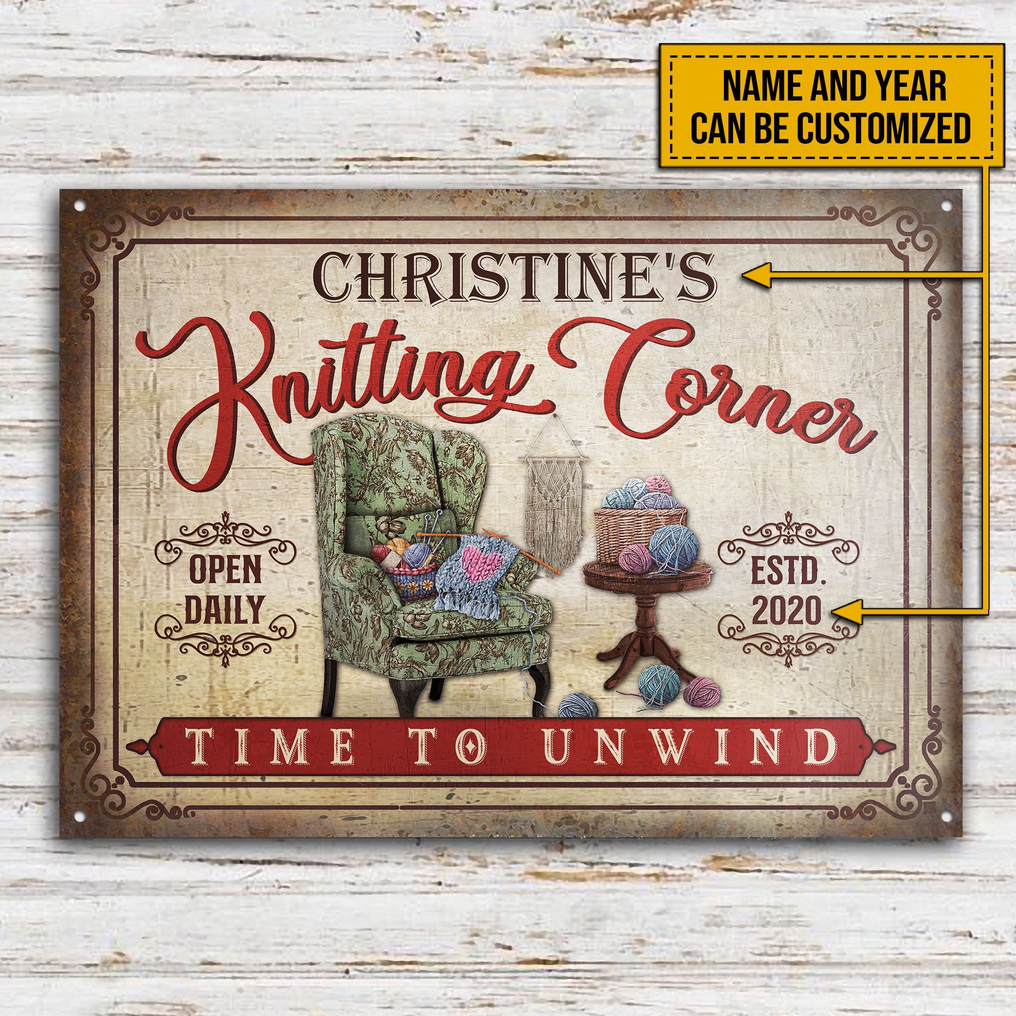 Personalized Knitting Corner Time To Unwind Customized Classic Metal ...
