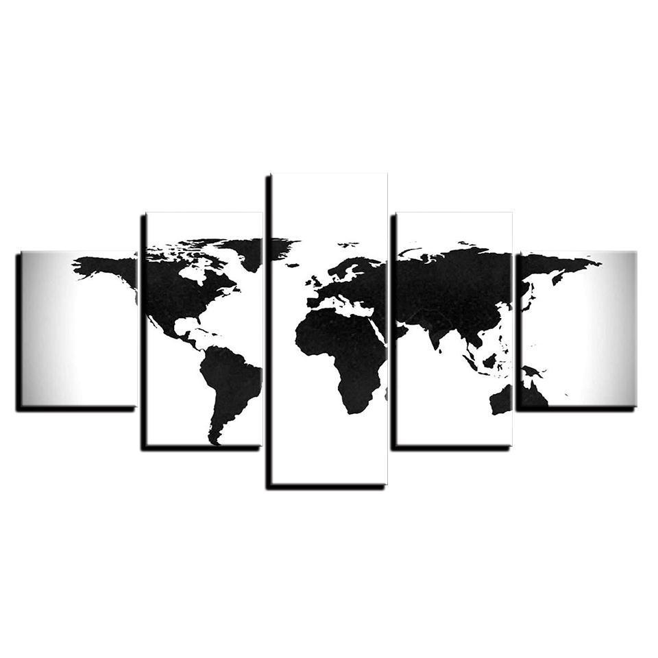 Black And White World Map - World Map 5 Panel Canvas Art Wall Decor ...