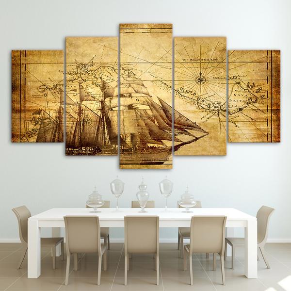 Old World Map With Ship For Living Room Office - World Map 5 Panel ...