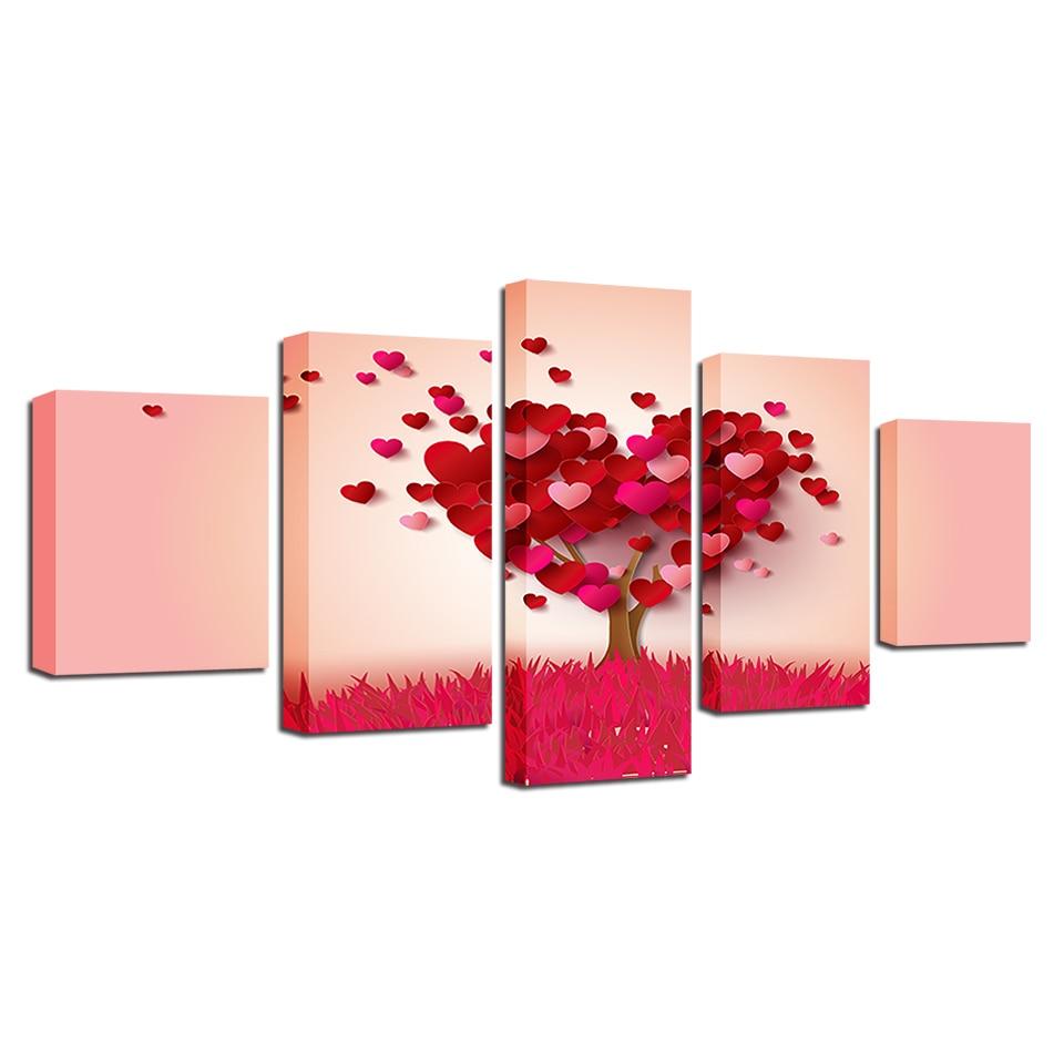 Red Heart Shape Trees - Abstract 5 Panel Canvas Art Wall Decor ...