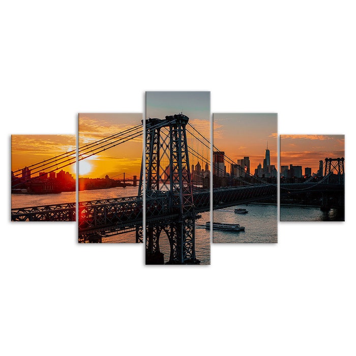 Williamsburg Bridge Brooklyn New York Sunset View 5 Piece Five Panel Wall Canvas Print Modern ...